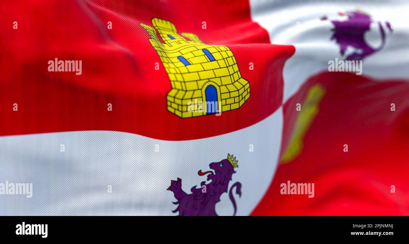 Close-up of Castile and Leon flag waving in the wind on a clear day ...