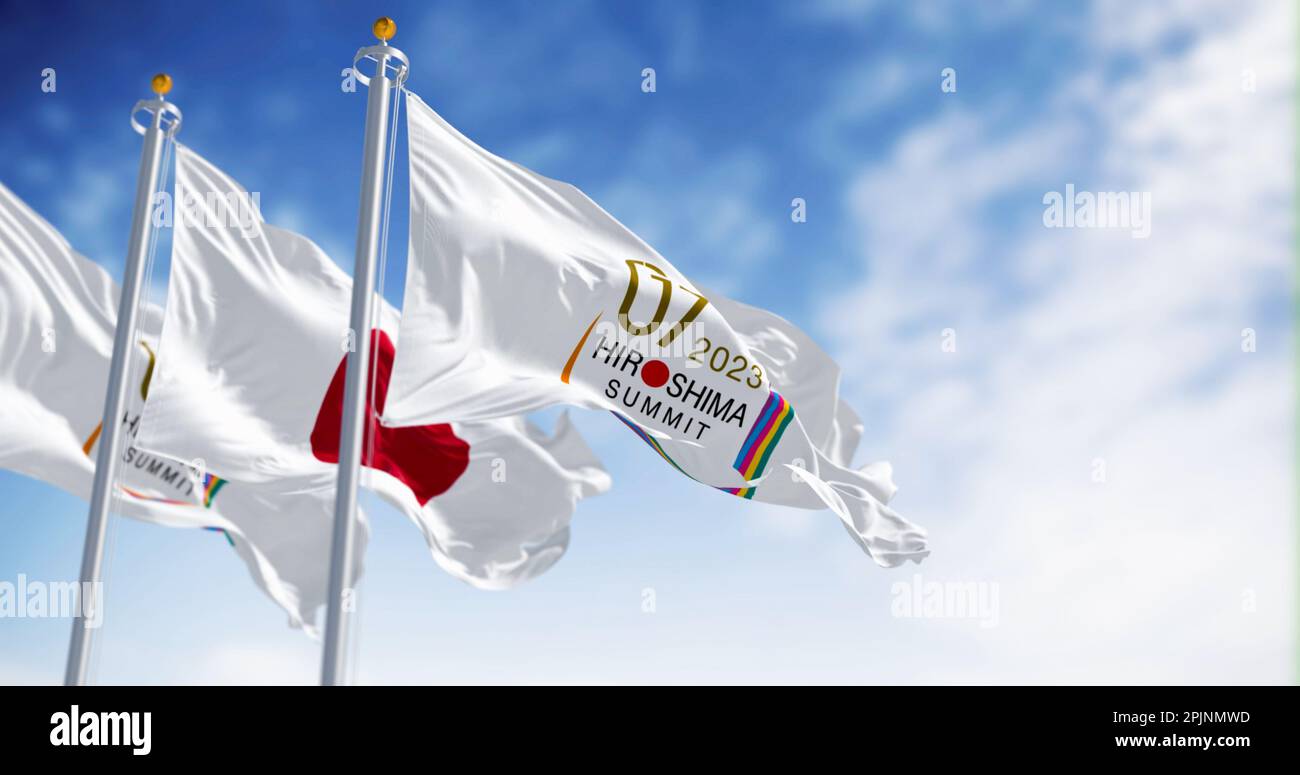 Hiroshima, JP, March 2023: flags of G7 Hiroshima 2023 and the national ...