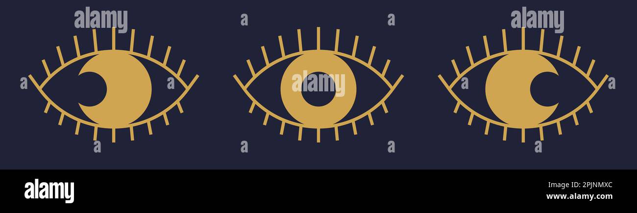 Set of esoteric eye with eyelashes and moon or sun as pupil. Moon ...