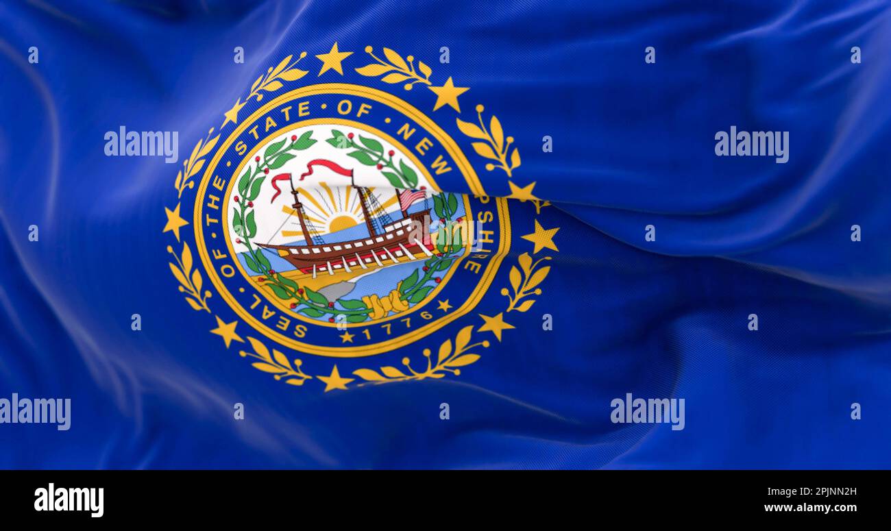 Detail of New Hampshire state flag waving. New Hampshire state seal on ...