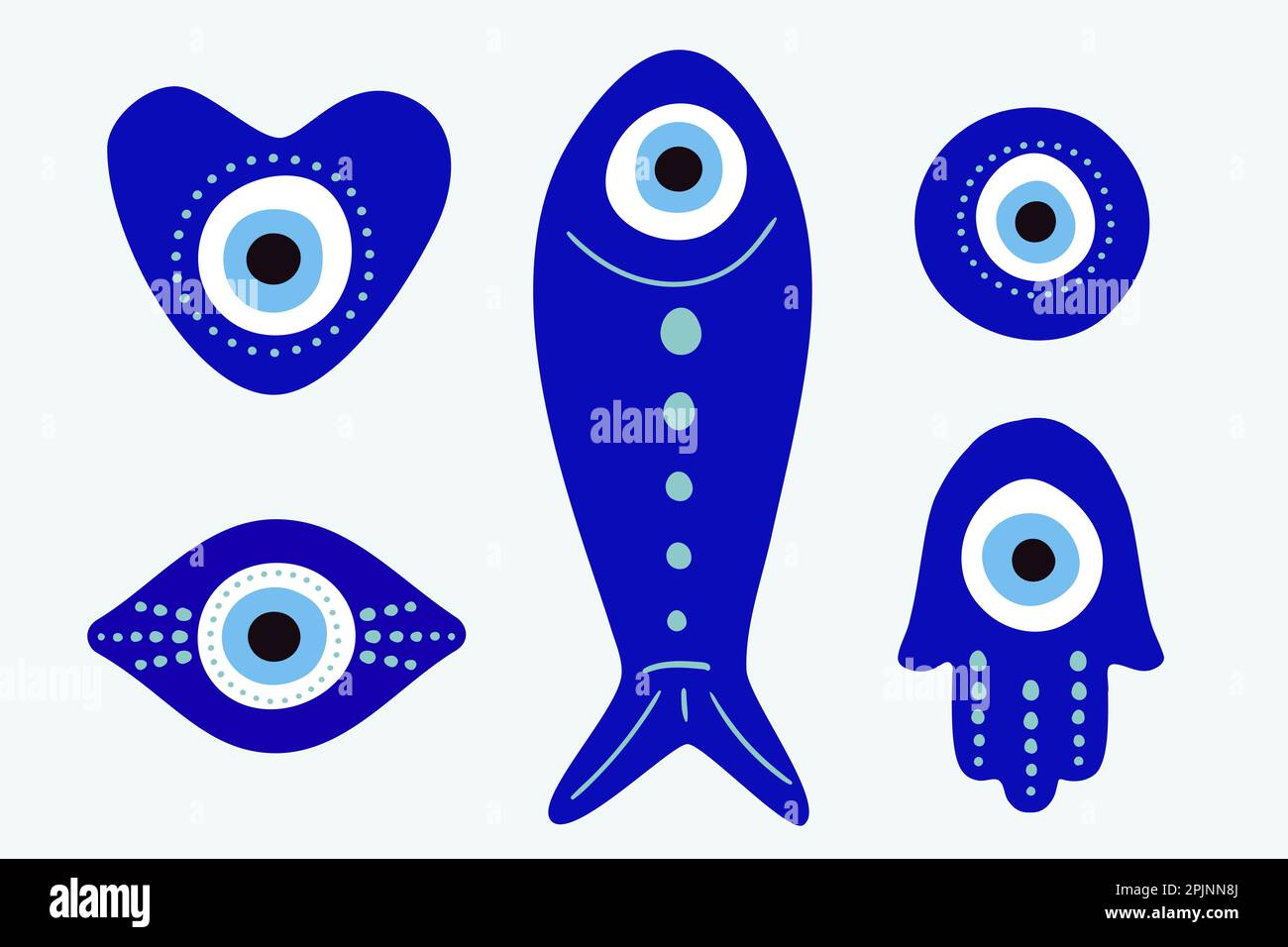 Set of glass islamic, arabian or turkish, greek amulets as fish, heart ...