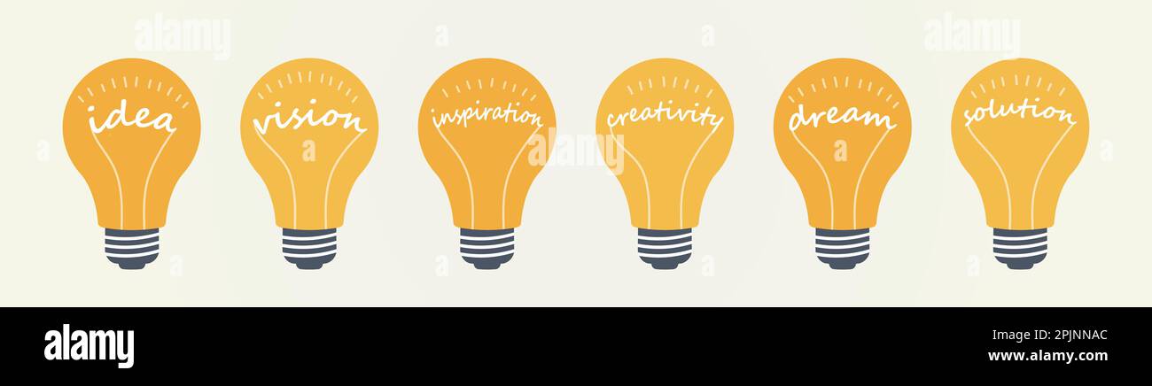 Set of light bulbs. Idea, solution, inspiration, creativity word as glower inside the light bulb ...