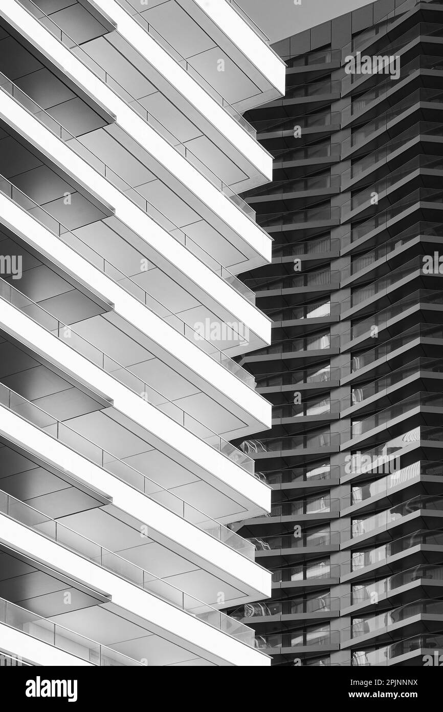 Facade detail in black & white. Wood Wharf, London, United Kingdom ...