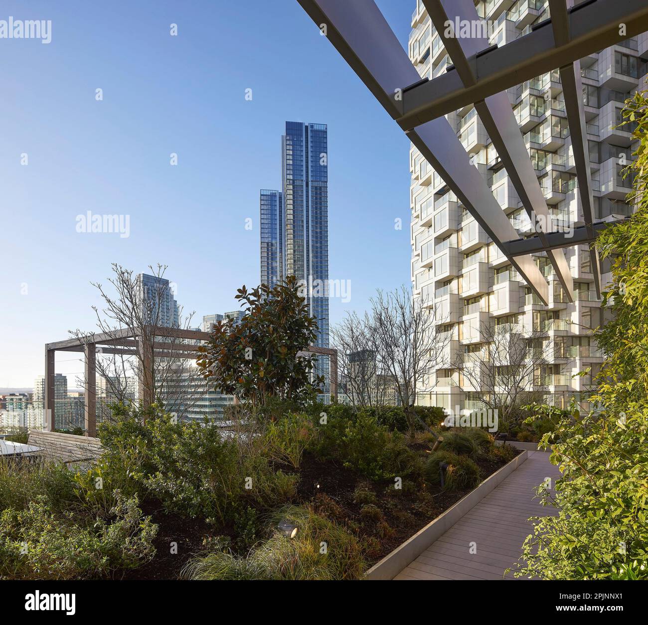 Landscaped paths with view of residential towers. Wood Wharf, London ...