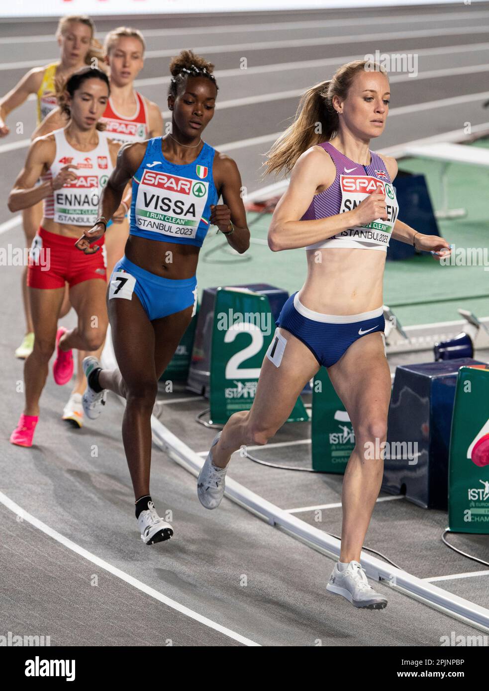 Katie Snowden of Great Britain & NI competing in the women’s 1500m heats at the European Indoor ...