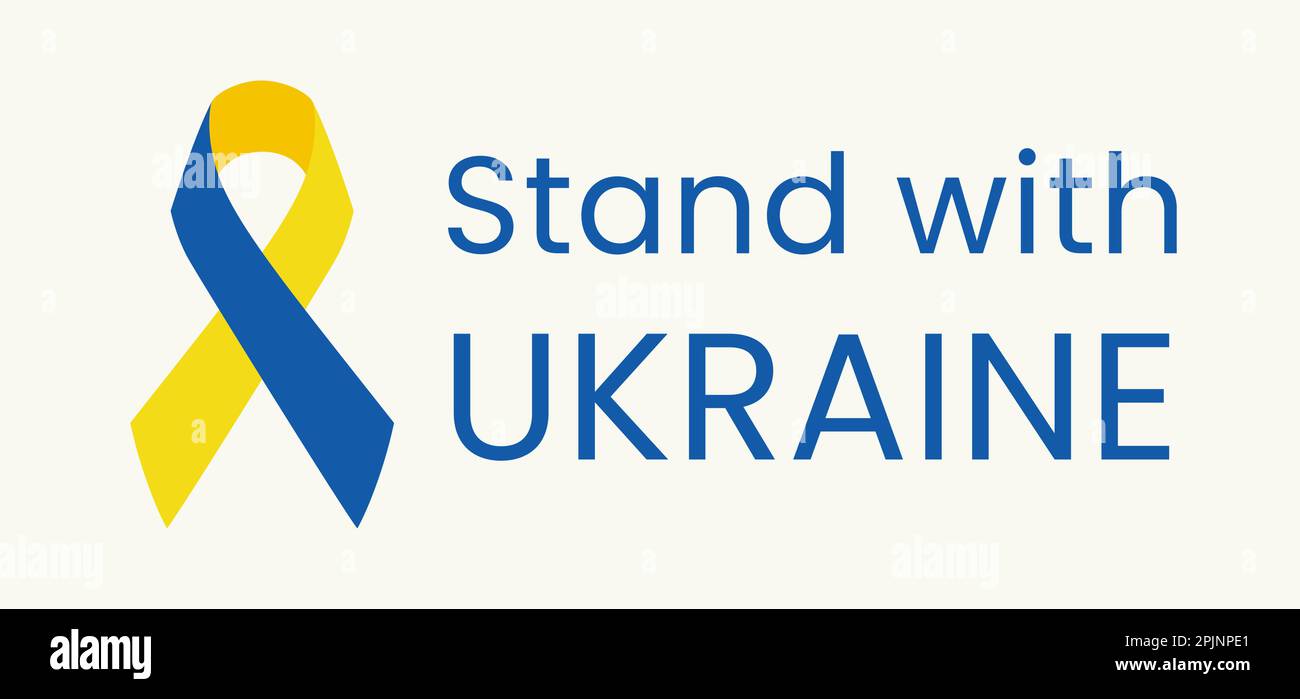 Stand with Ukraine banner with ribbon. Yellow-blue stripe. Ukrainian ...
