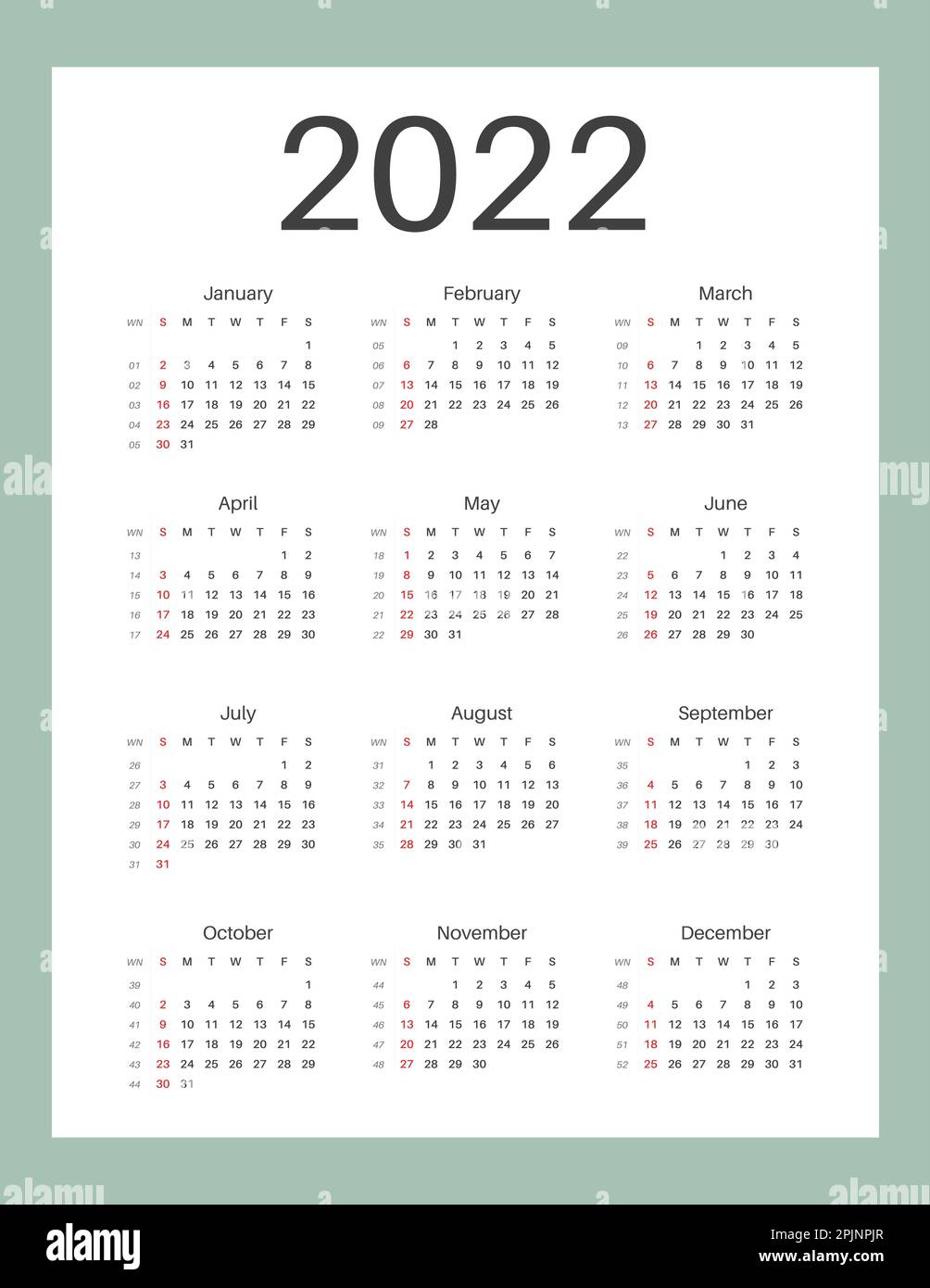 Calendar 2022. Sunday week start. Letter size. Horizontal album layout ...