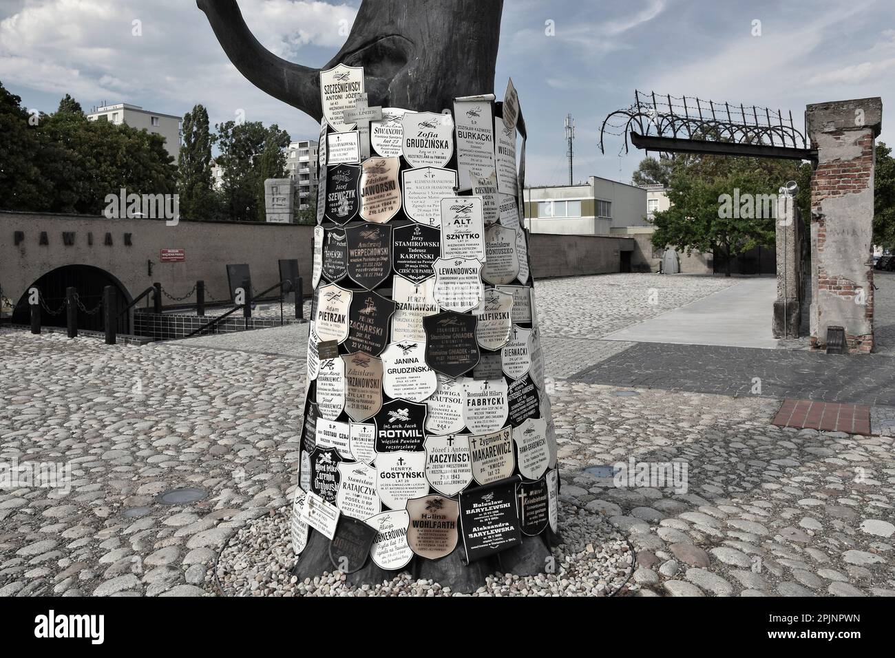 Pawiak Prison Museum entrance in Warsaw Poland, memorial tree with ...
