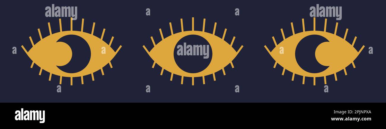 Set of esoteric eye with eyelashes and moon or sun as pupil. Moon ...