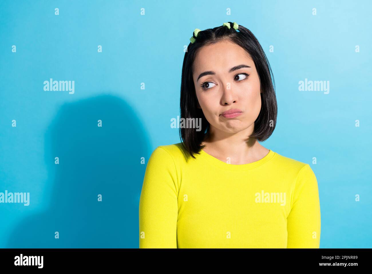 Portrait of young unhappy depressed minded deep think girl pouty lips ...