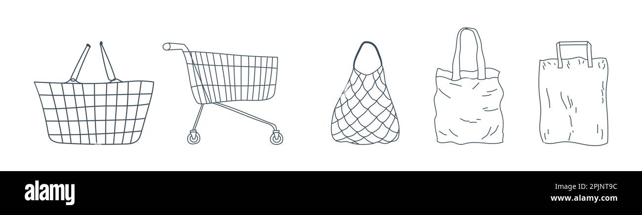 Shopping cart, mesh bag, paper bag, tote bag shopping basket in hand ...