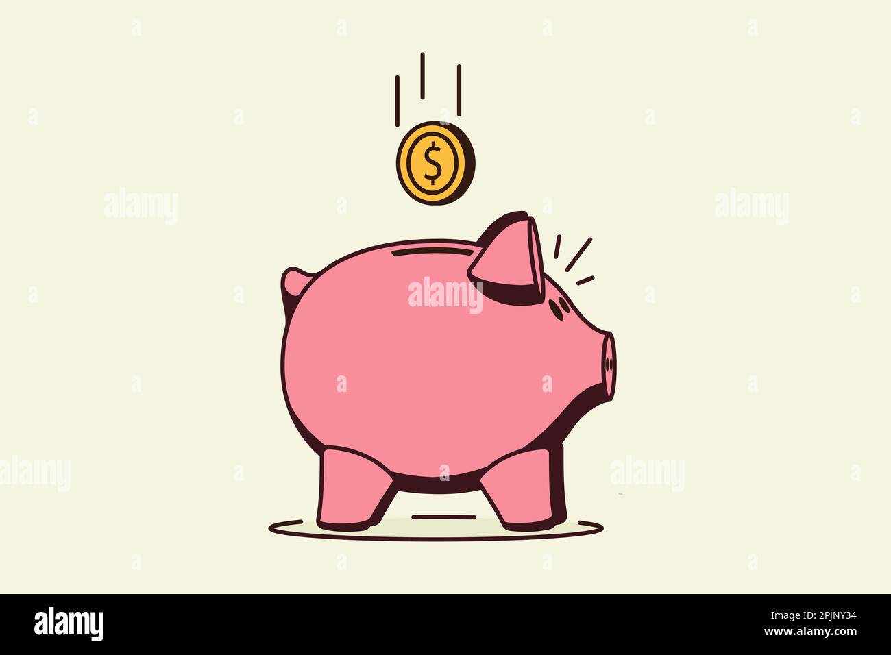 Piggy bank with falling coin inside the slot. Outline piggy bank symbol ...