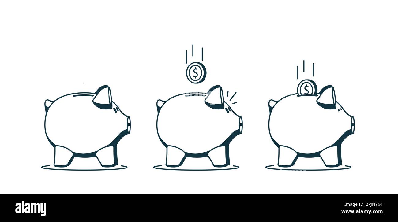 Piggy bank with falling coin inside the slot. Outline piggy bank symbol ...