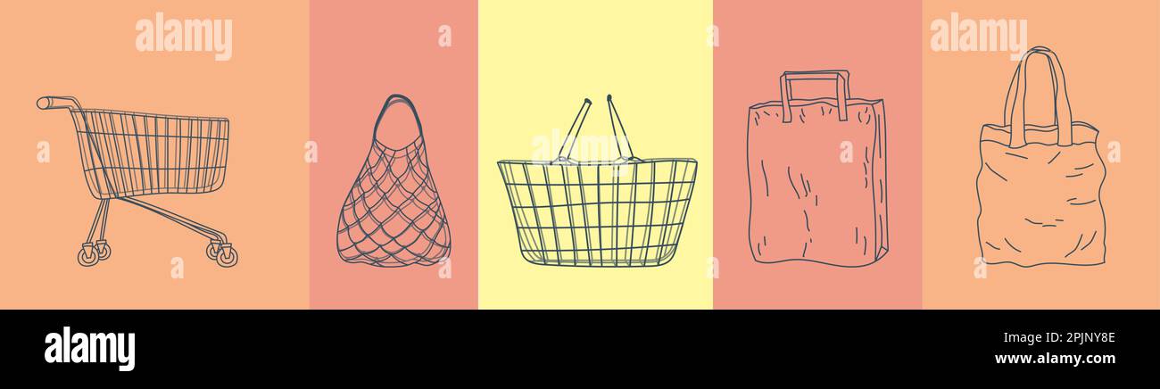 Shopping cart, mesh bag, paper bag, tote bag shopping basket in hand ...