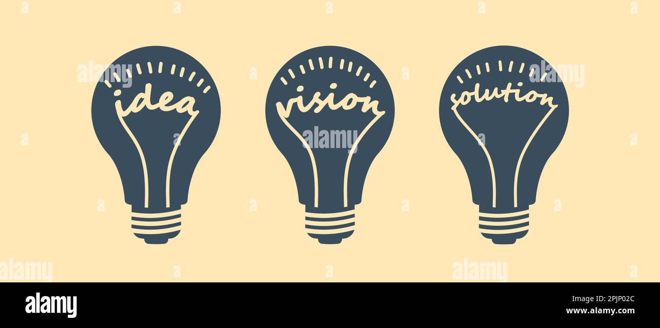 Set of light bulbs. Idea, vision, dream word as glower inside the light bulb or lamp. Rays ...