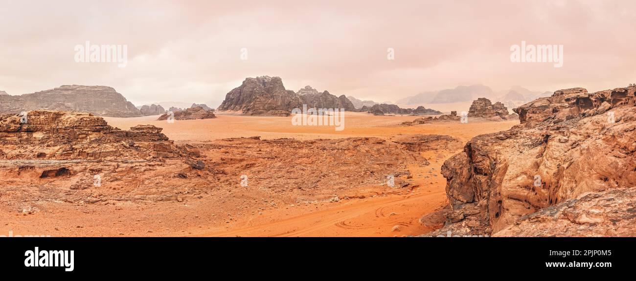 Red orange Mars like landscape in Jordan Wadi Rum desert, mountains ...