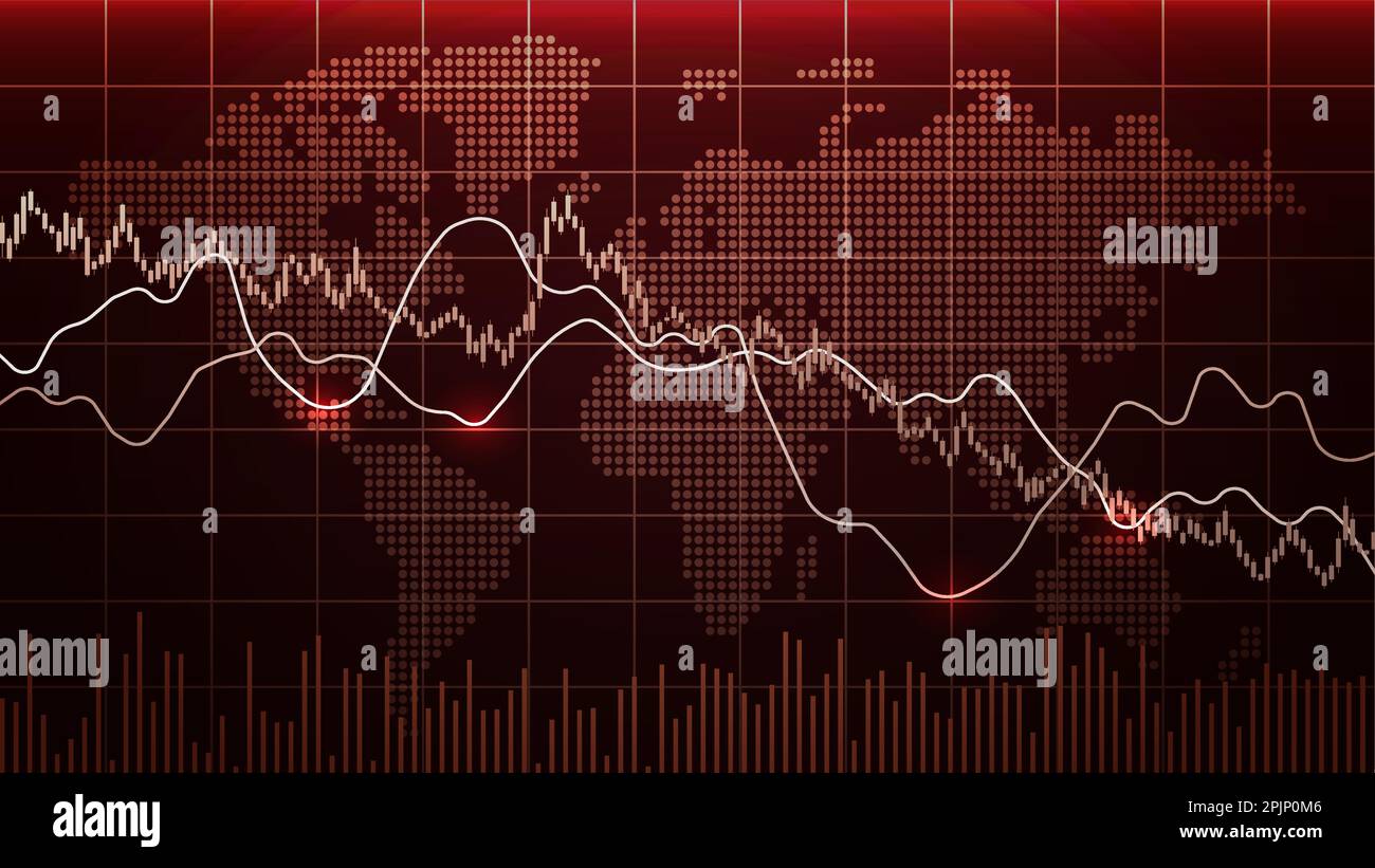 World stock market index fall. Financial crisis. Candlestick chart, line graph and bar chart ...