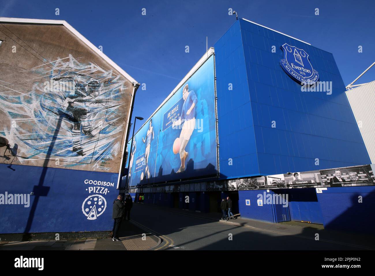General view of an Everton mural and artwork outside the ground ahead ...
