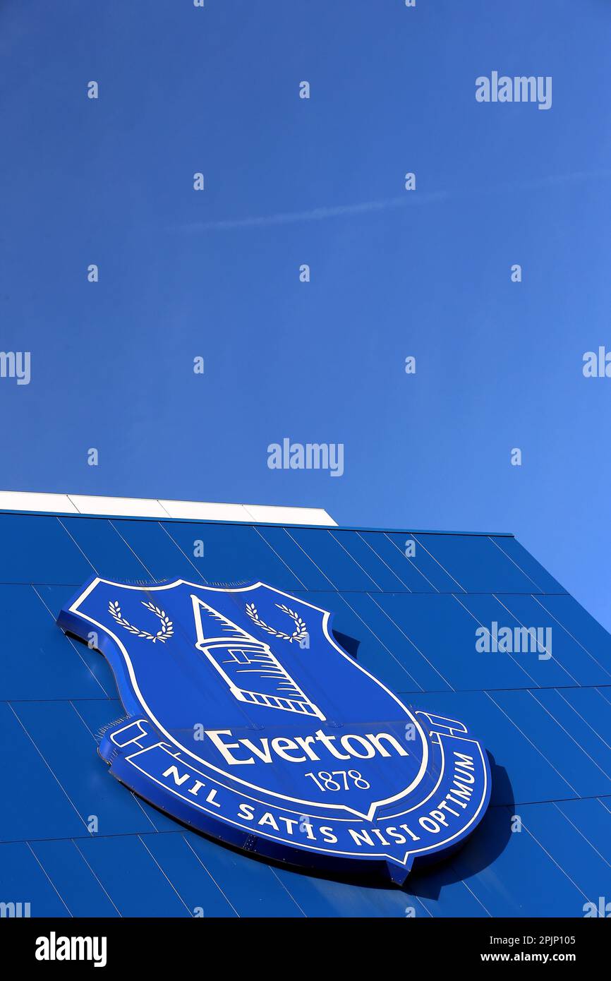 General view of an Everton club badge on the outside of the ground ...
