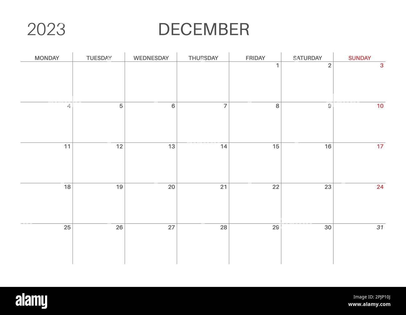 Horizontal monthly calendar. December calendar template. Monday start ...