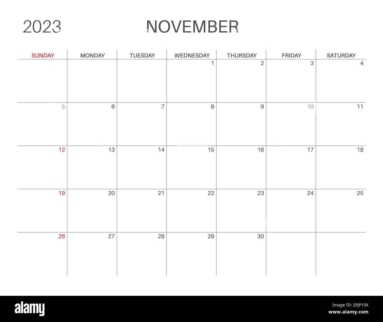 Horizontal monthly calendar. November calendar template. Sunday start ...