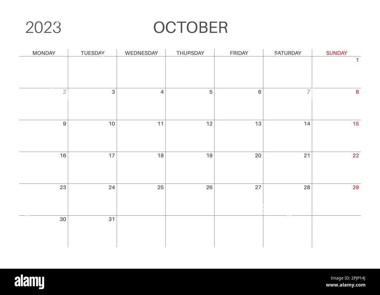 Horizontal monthly calendar. October calendar template. Monday start ...