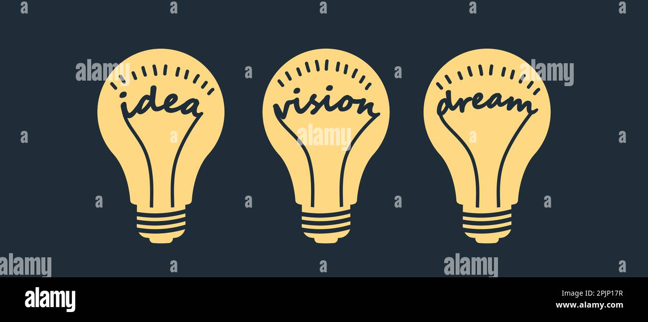 Set of light bulbs. Idea, vision, dream word as glower inside the light bulb or lamp. Rays ...
