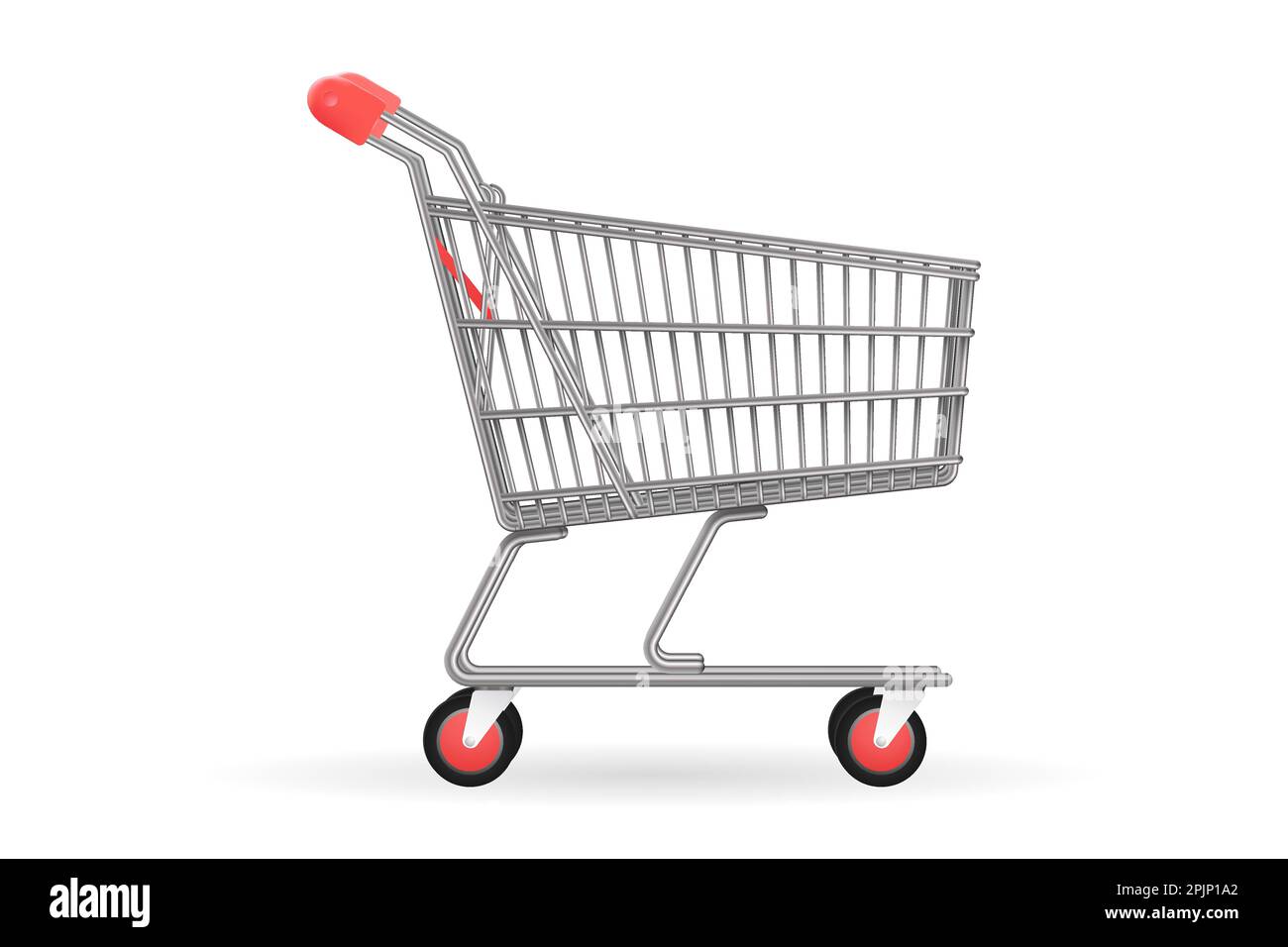 Metallic supermarket pushcart. Side view of realistic shopping cart or ...