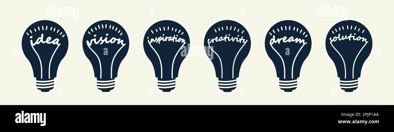 Set of light bulbs. Idea, solution, inspiration, creativity word as glower inside the light bulb ...