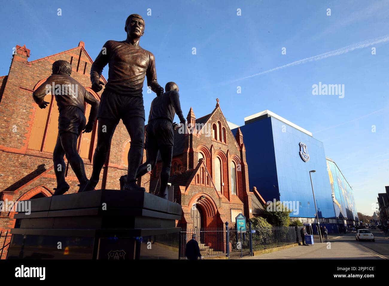 General view towards the ground from the statue featuring ex Everton ...