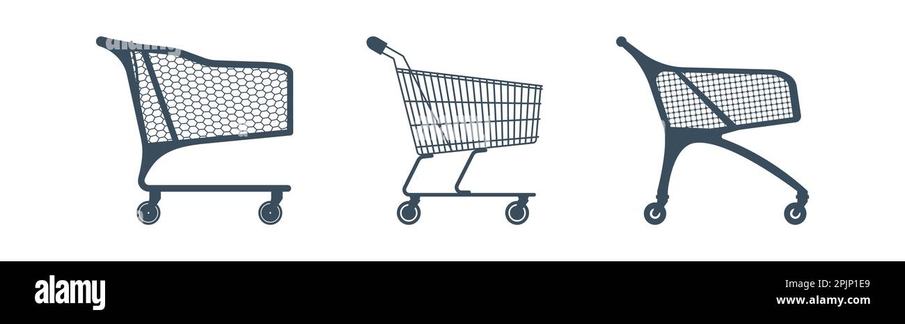 Set of flat metallic supermarket pushcart. Side view silhouette of ...