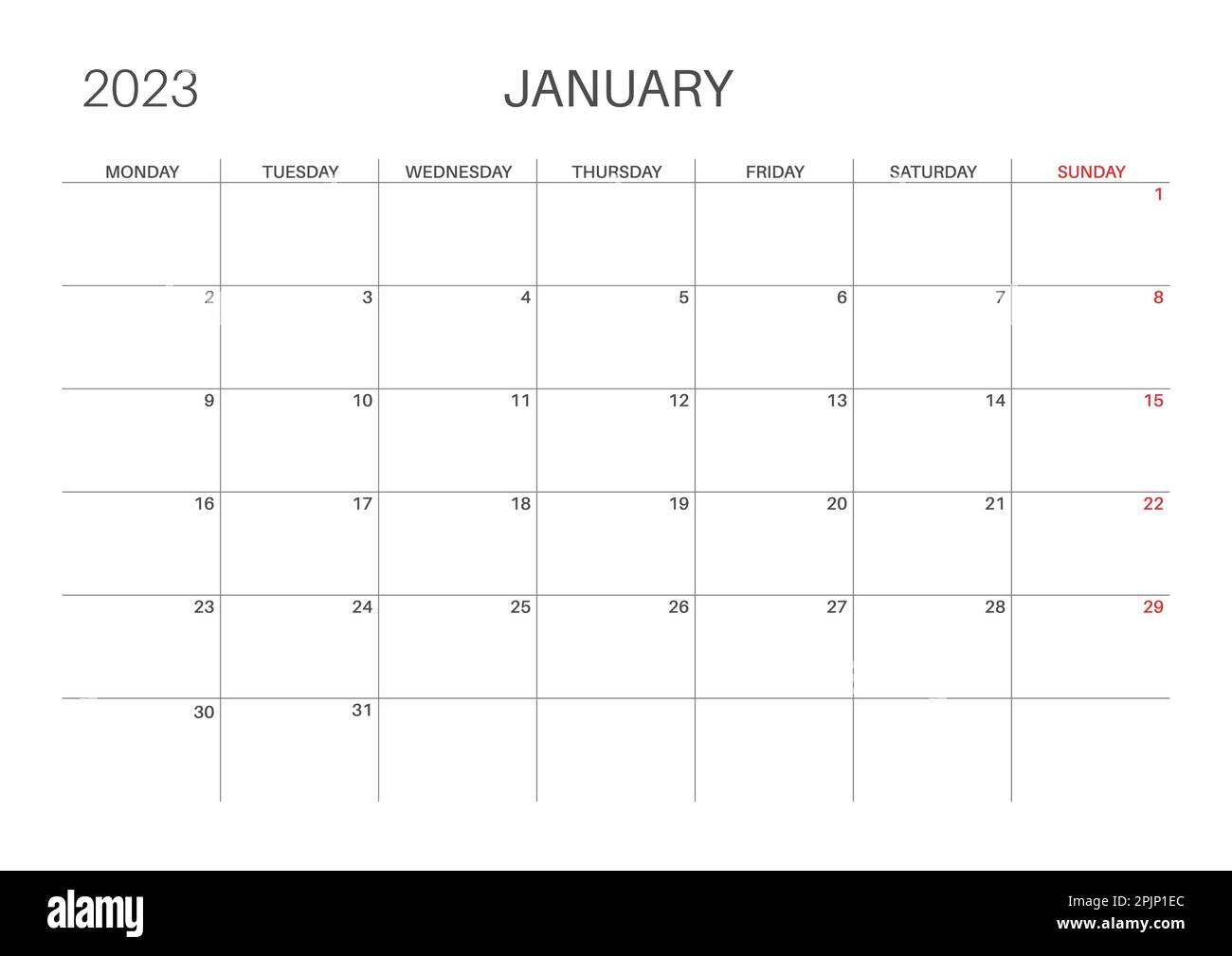 Horizontal monthly calendar. January calendar template. Monday start ...