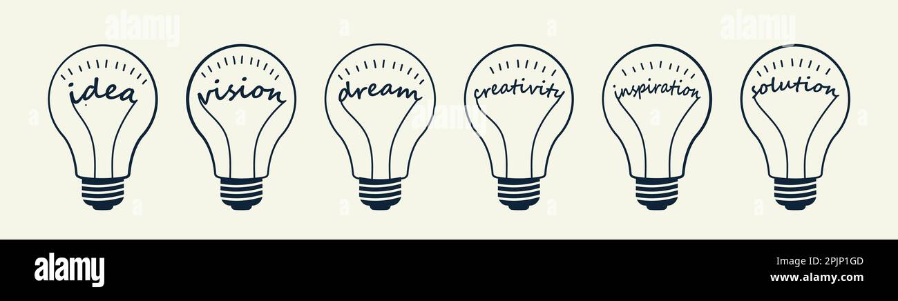 Set of light bulbs. Idea, solution, inspiration, creativity word as glower inside the light bulb ...