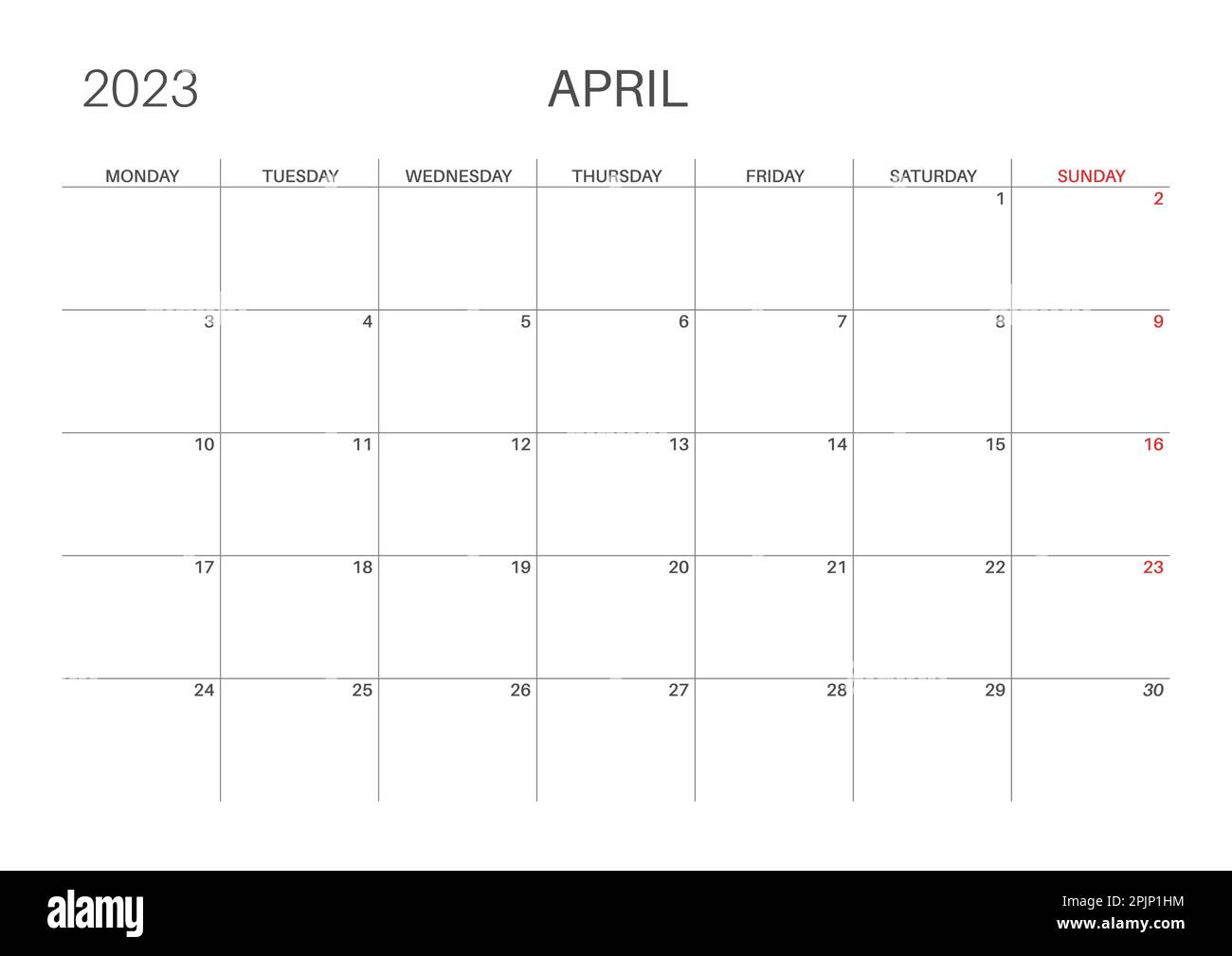 Horizontal monthly calendar. April calendar template. Monday start. A4 ...