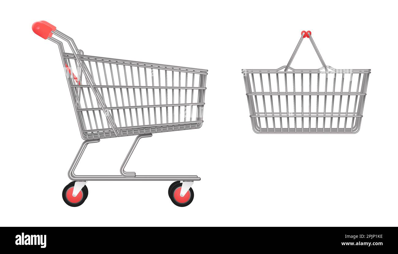 Realistic empty wire supermarket shopping basket and cart, pushcart ...