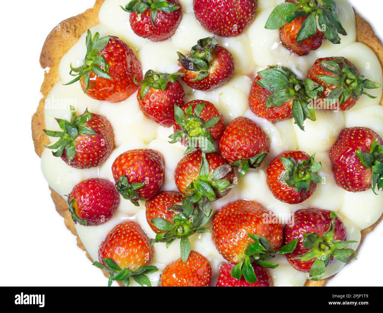 Cake topped with fresh strawberries. Creamy shortbread cake on a white ...