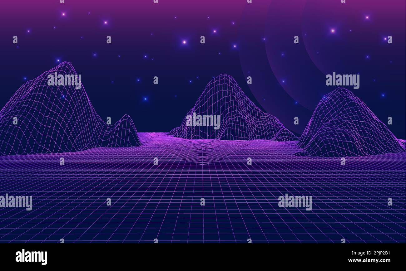 Digital metaverse landscape vector illustrations with mountains, blue ...