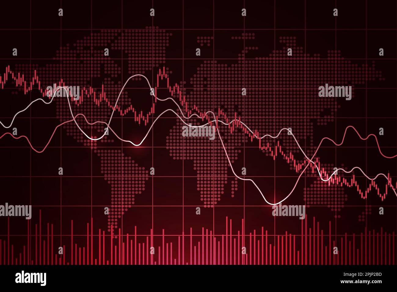 World stock market index fall. Financial crisis. Candlestick chart, line graph and bar chart ...