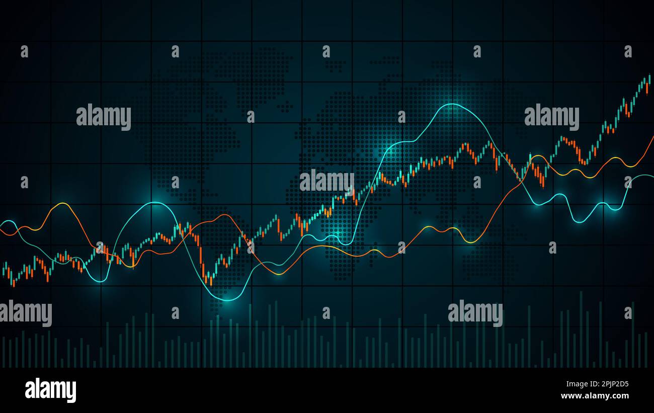 World stock market index graph. Candlestick chart, line graph and bar chart. Glow light. Stock ...