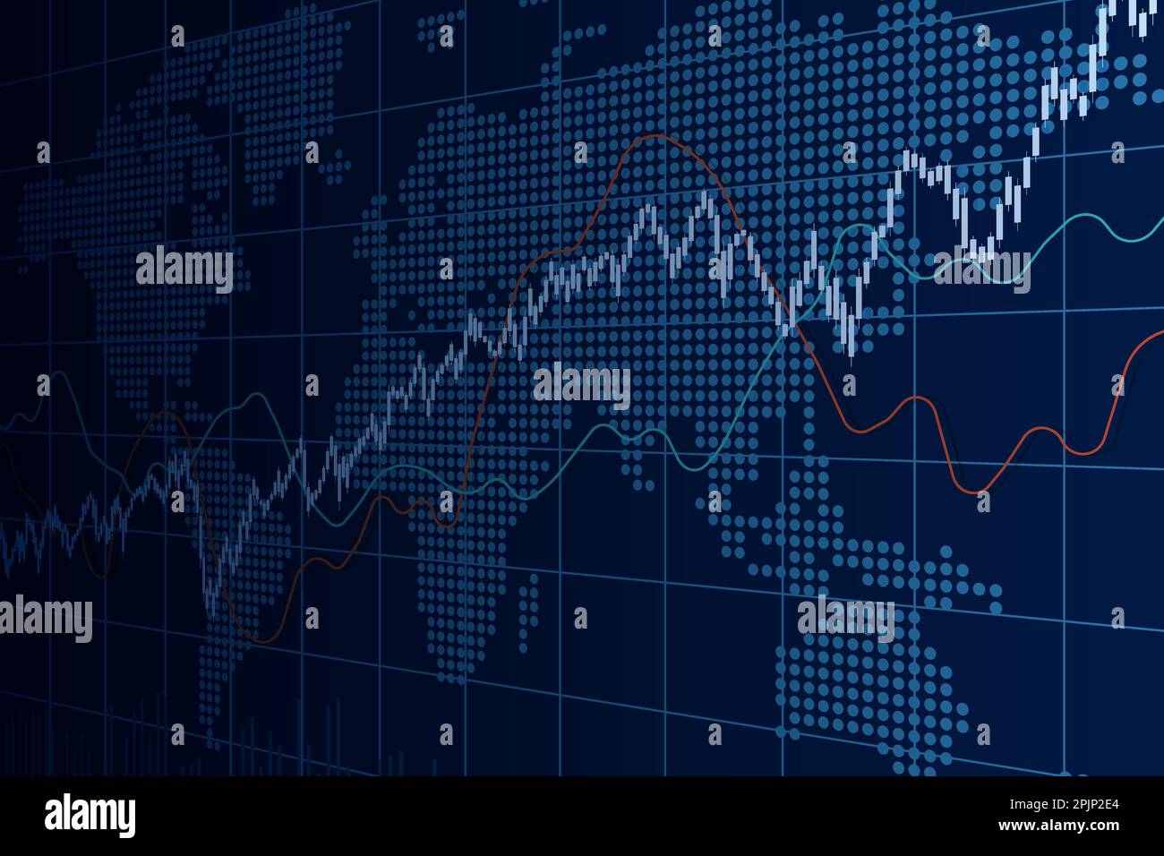 World stock market index graph. Perspective view. Candlestick chart, line graph and bar chart ...