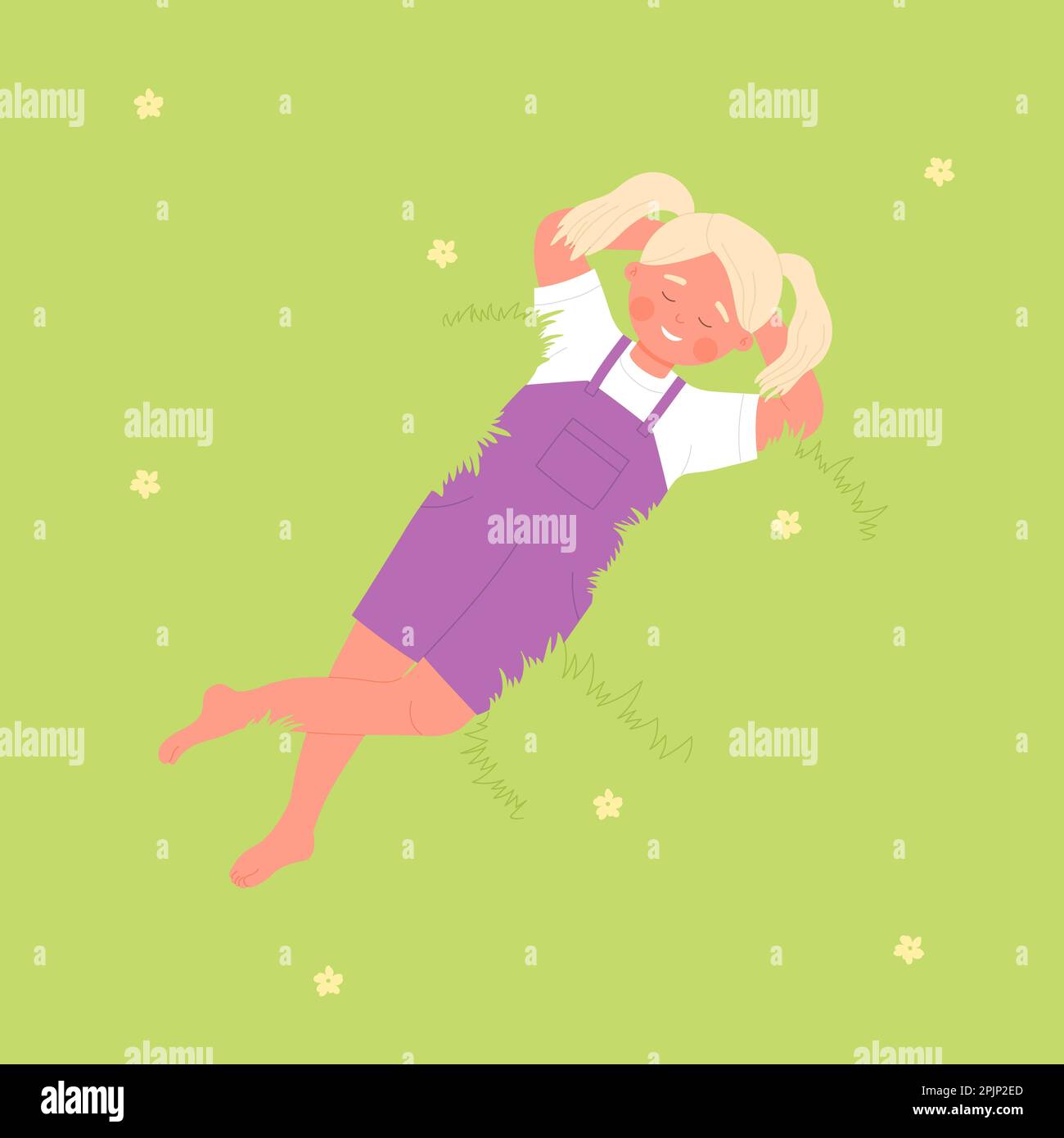 Happy cute blondy girl lying on carpet grass in park or garden, top ...
