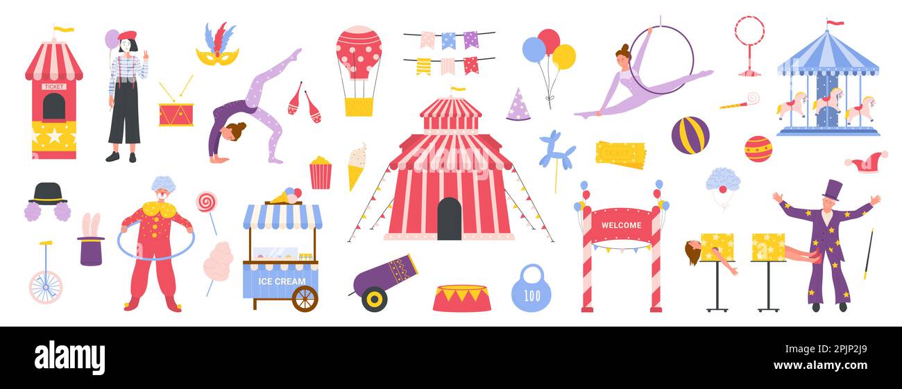 Circus set vector illustration. Cartoon isolated magician and clown ...