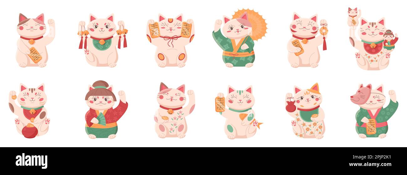 Japanese lucky cats set vector illustration. Cartoon cute Maneki Neko characters from Japan ...