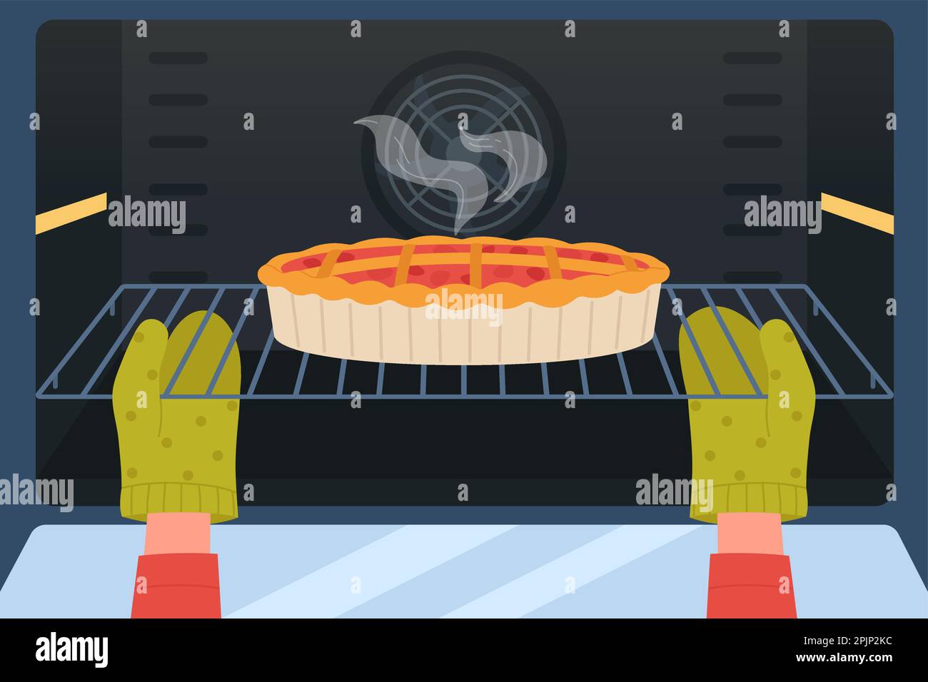 Cartoon chef making traditional pie or tart, view from open door of ...