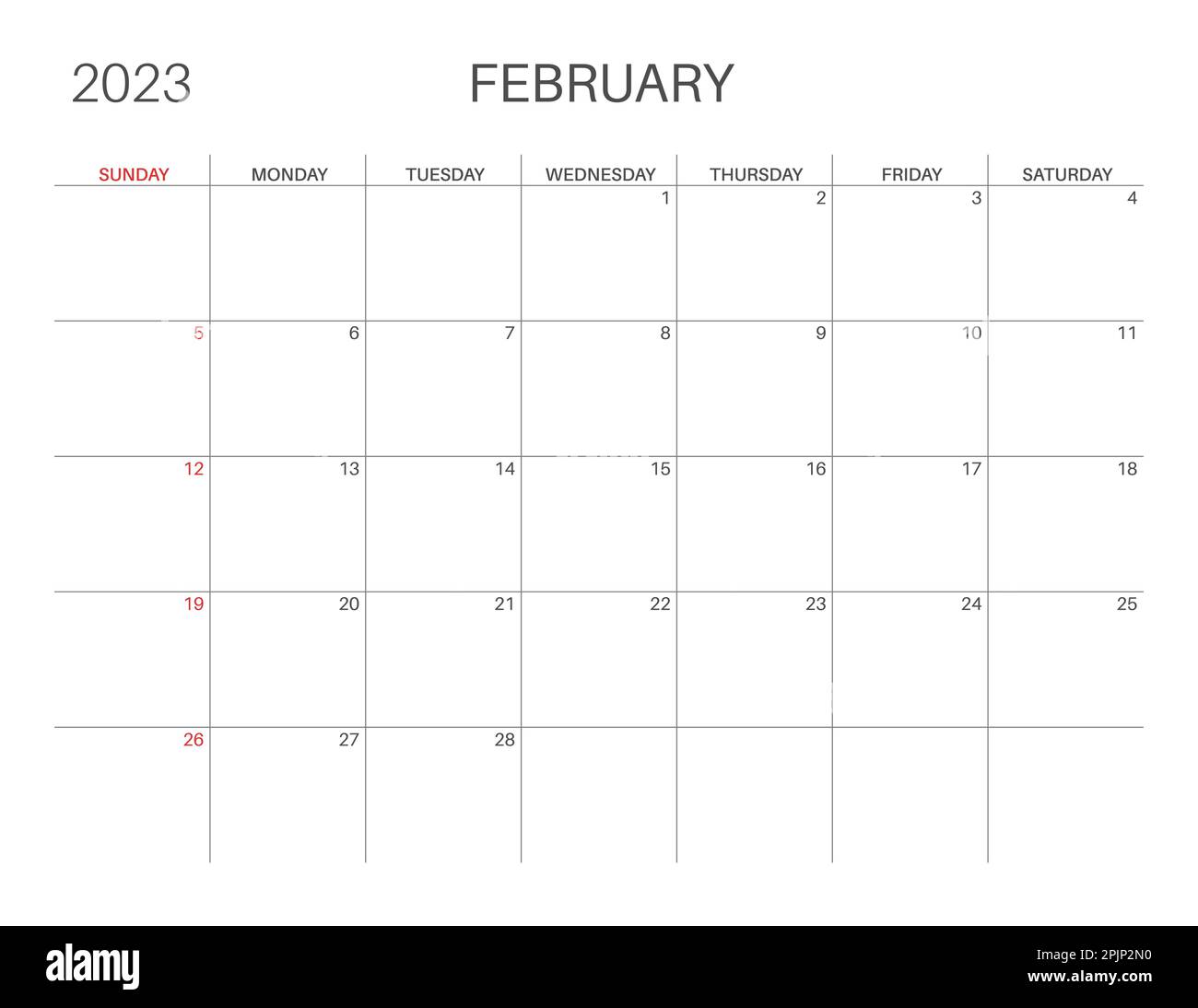 Horizontal monthly calendar. February calendar template. Sunday start ...