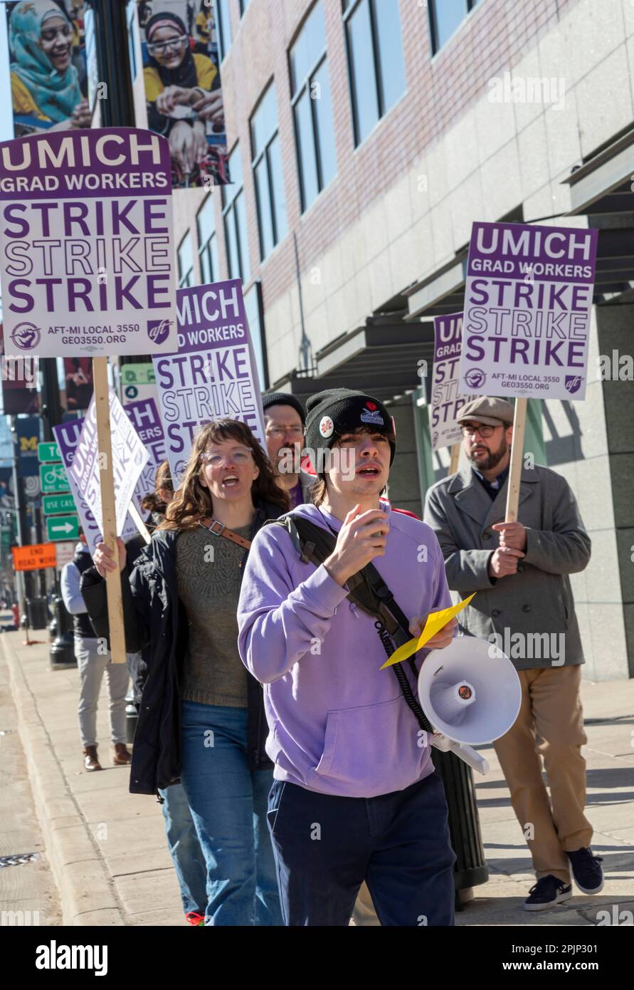 Detroit, Michigan, USA. 3rd Apr, 2023. Graduate student employees at ...