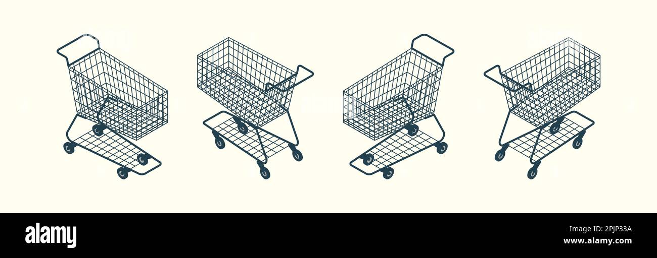 Isometric wire shopping cart. Empty red colored pushcart or shopping ...
