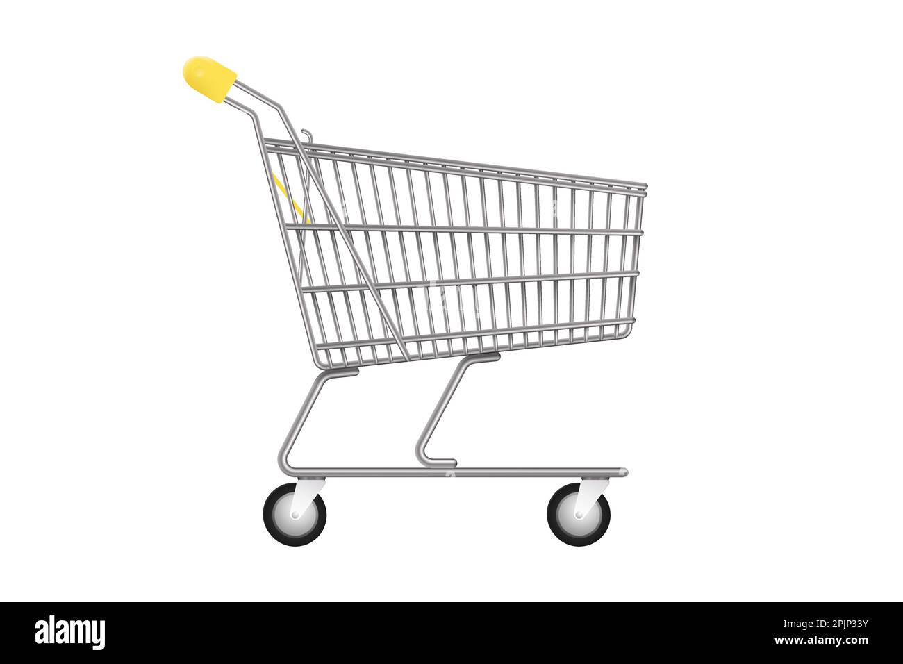 Metallic supermarket pushcart. Side view of realistic shopping cart or ...