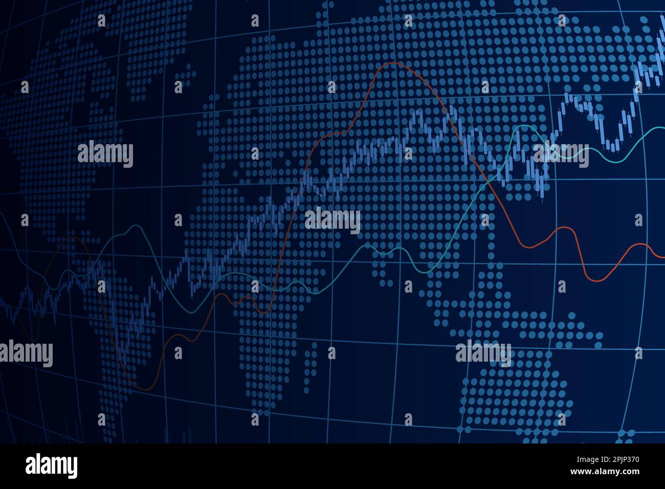 World stock market index graph. Perspective view. Candlestick chart, line graph and bar chart ...
