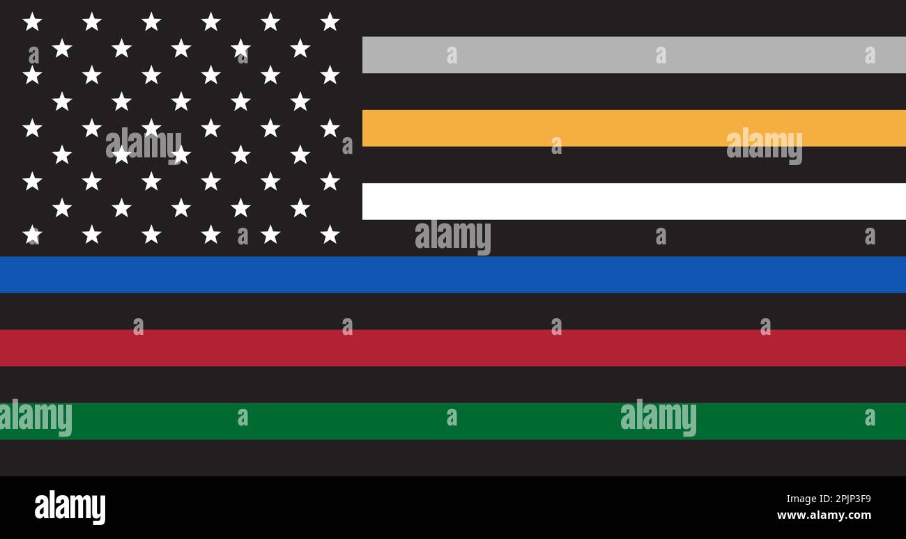 Black and white US Flag with blue, red, gold, silver line. US emergency ...
